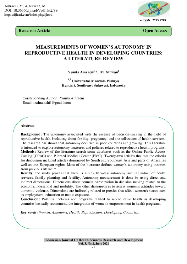 (PDF) Measurements of Women’s Autonomy in Reproductive Health in ...