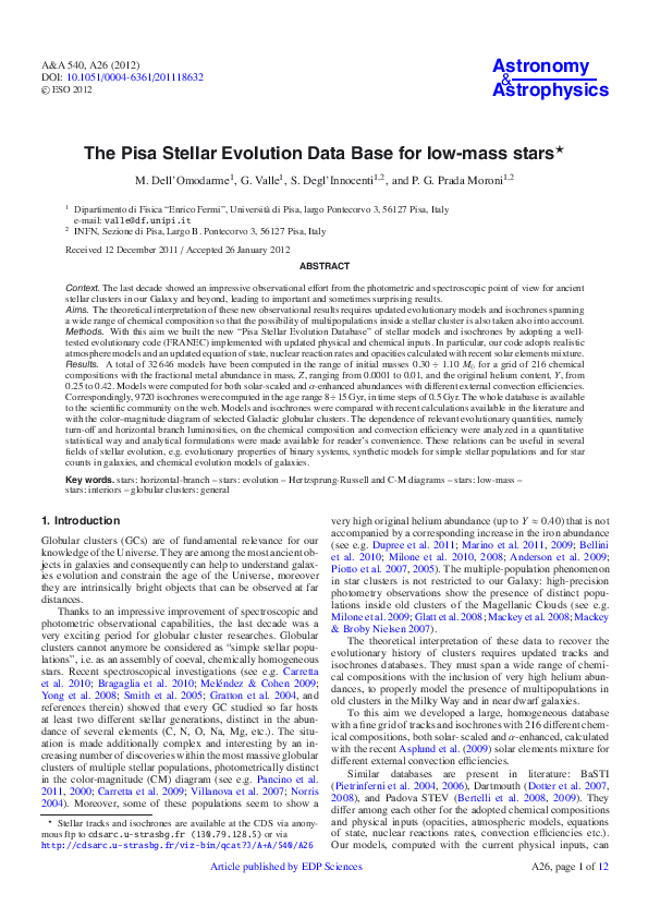 (PDF) The Pisa Stellar Evolution Data Base for low-mass stars