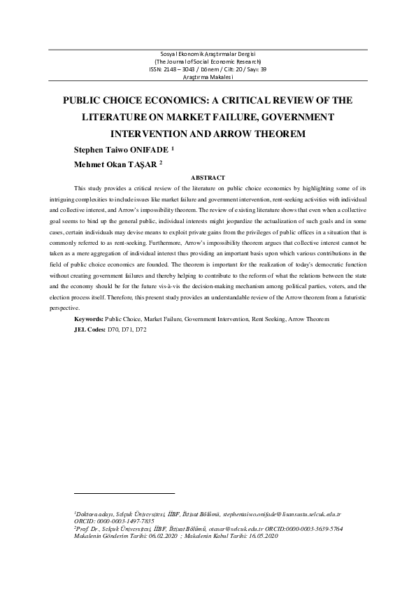 (PDF) Public Choice Economics: A Critical Review of the Literature on ...