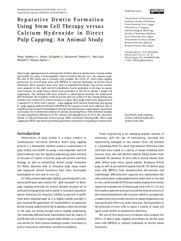 (PDF) Reparative Dentin Formation Using Stem Cell Therapy versus ...