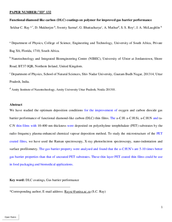 (PDF) Functional diamond like carbon (DLC) coatings on polymer for ...