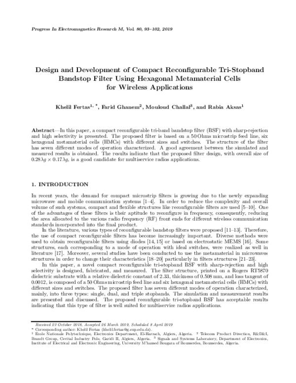 Pdf Design And Development Of Compact Reconfigurable Tri Stopband Bandstop Filter Using