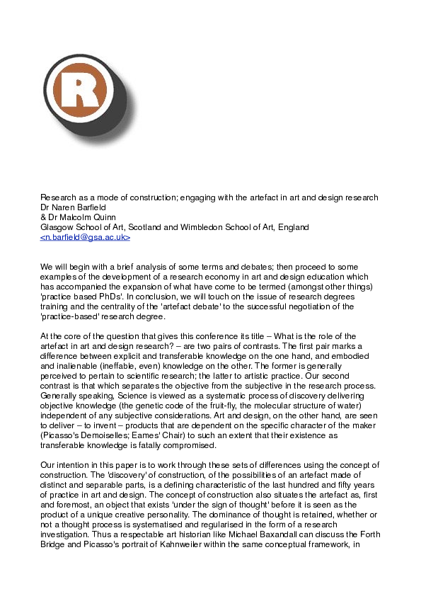 (PDF) Research as a mode of construction; engaging with the artefact in ...
