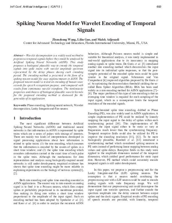 Pdf Spiking Neuron Model For Wavelet Encoding Of Temporal Signals