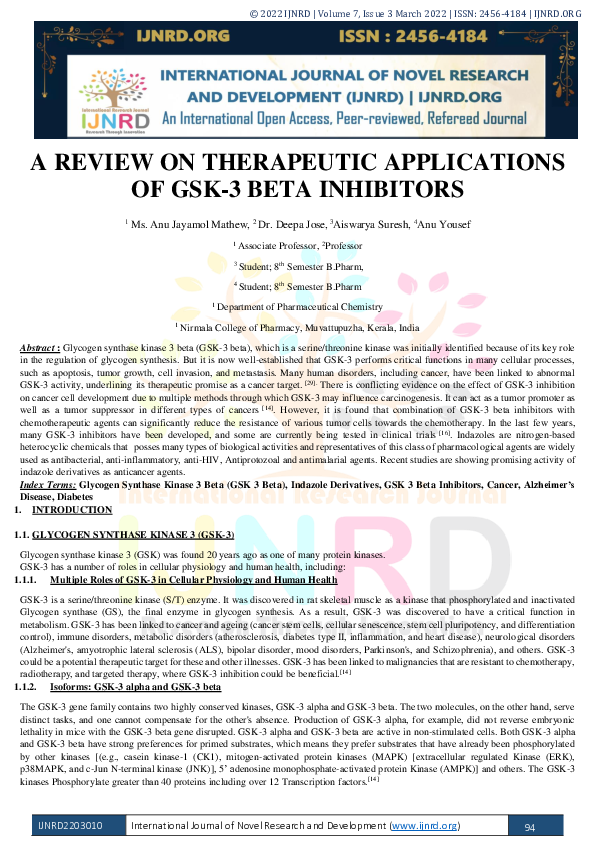 (PDF) A REVIEW ON THERAPEUTIC APPLICATIONS OF GSK-3 BETA INHIBITORS