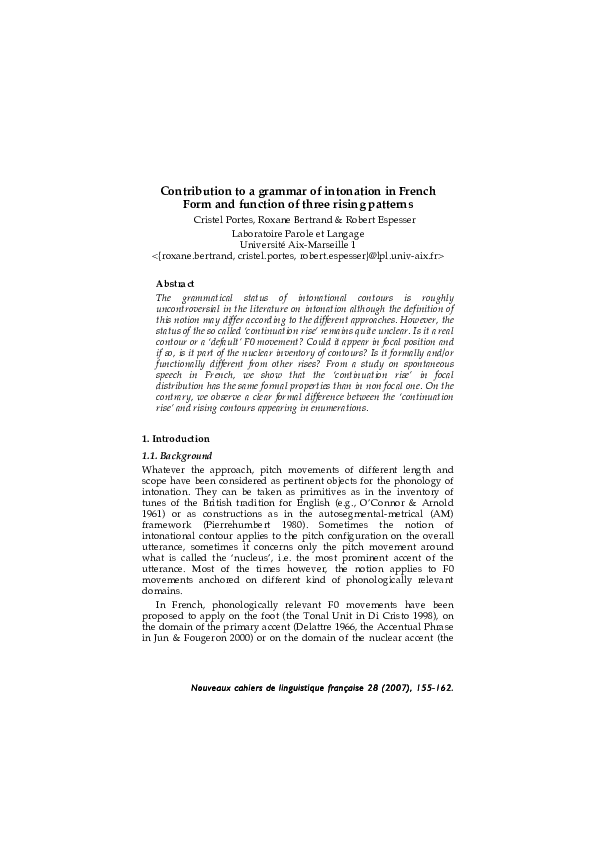 (PDF) Contribution to a grammar of intonation in French Form and ...