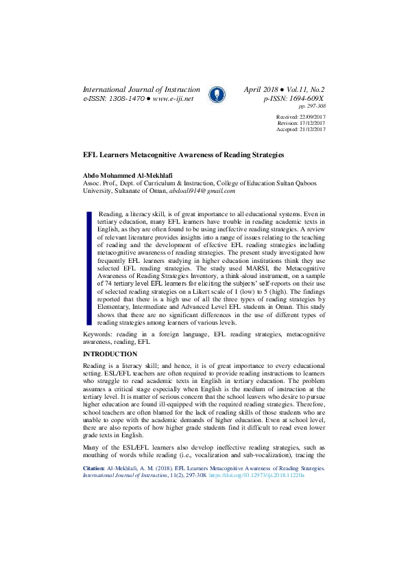 Pdf Efl Learners Metacognitive Awareness Of Reading Strategies