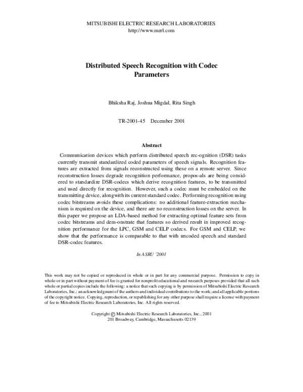 Pdf Distributed Speech Recognition With Codec Parameters