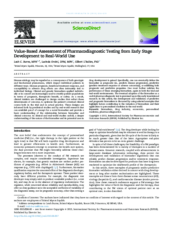 (PDF) Value-Based Assessment of Pharmacodiagnostic Testing from Early ...