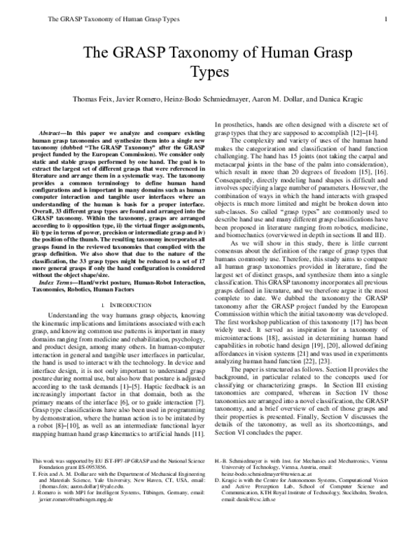 (PDF) The GRASP Taxonomy of Human Grasp Types