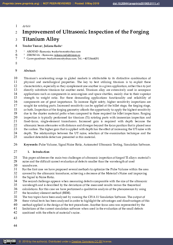 (PDF) 1 Improvement of Ultrasonic Inspection of the Forging 2 Titanium ...