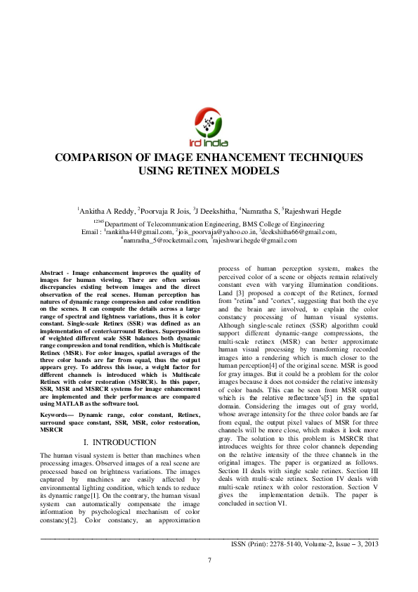 (PDF) Comparison of Image Enhancement Techniques Using Retinex Models