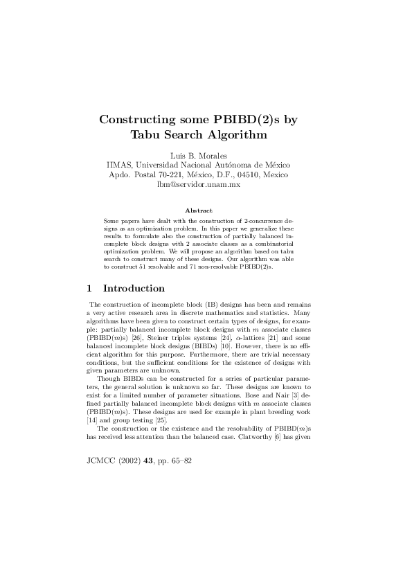 (PDF) Constructing some PBIBD(2)s by Tabu Search Algorithm