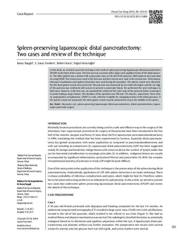 (PDF) Spleen-preserving laparoscopic distal pancreatectomy: Two cases and review of the technique