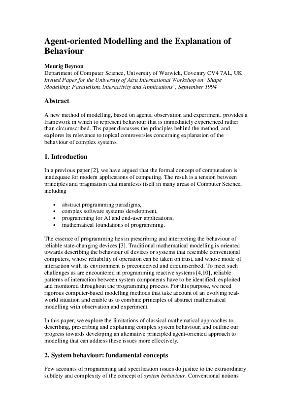 (PDF) Agent-oriented Modelling and the Explanation of Behaviour
