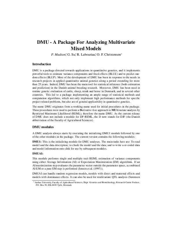 (PDF) DMU - A Package for Analyzing Multivariate Mixed Models in Quantitative Genetics and Genomics