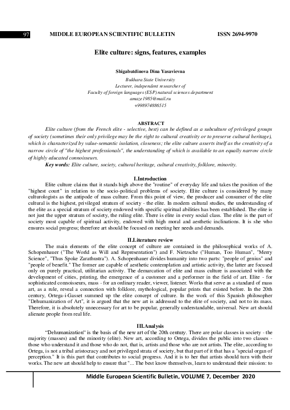 (PDF) Elite culture: signs, features, examples