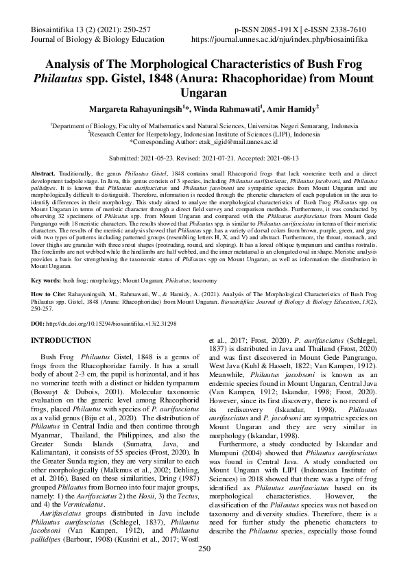 (PDF) Analysis of The Morphological Characteristics of Bush Frog ...