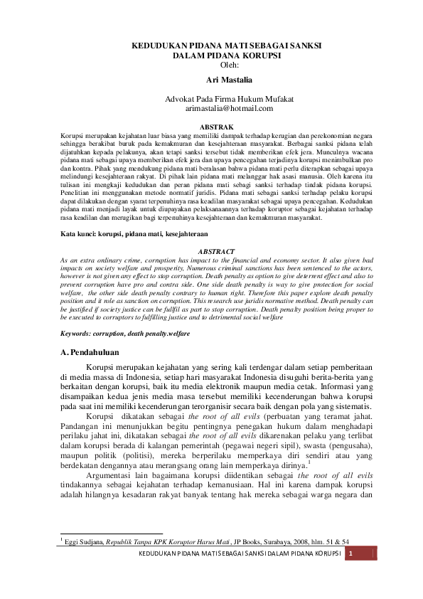 (PDF) Kedudukan Pidana Mati Sebagai Sanksi Terhadap Tindak Pidana Korupsi