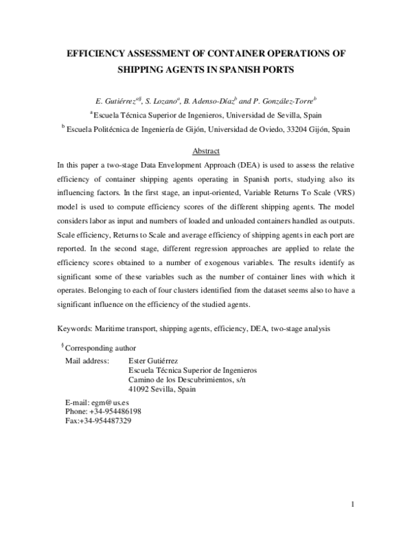 Pdf Efficiency Assessment Of Container Operations Of Shipping Agents In Spanish Ports Pilar