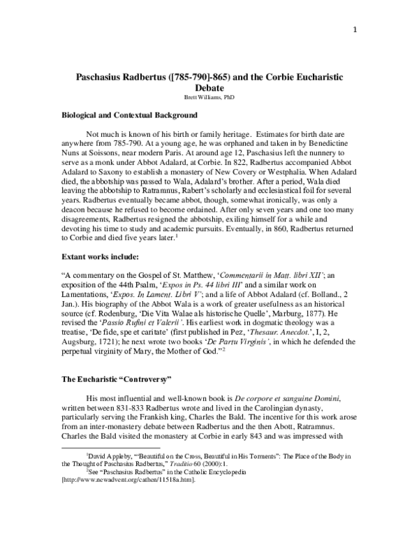 (PDF) Paschasius Radbertus and the Corbie Eucharistic Debate