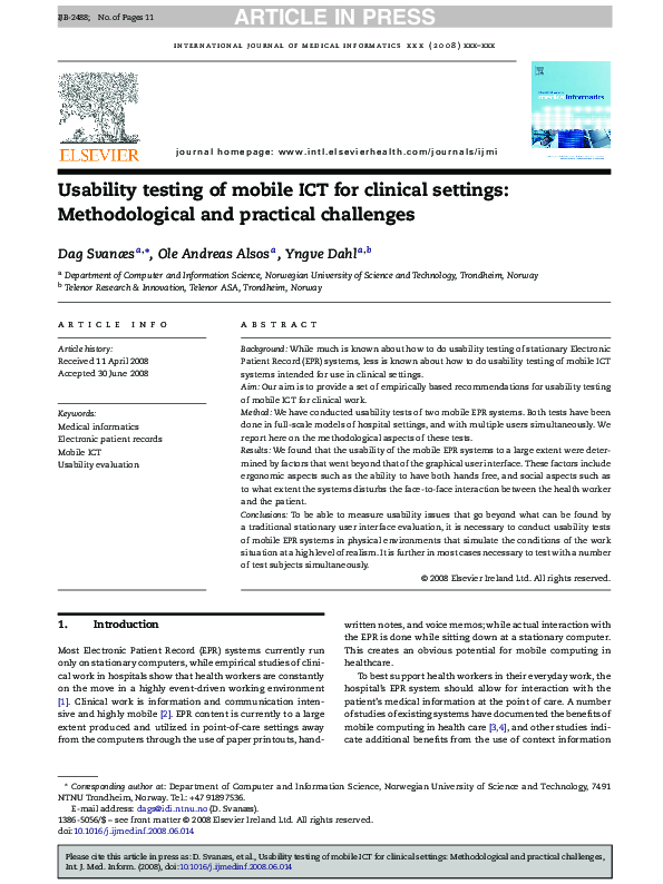 (PDF) Usability testing of mobile ICT for clinical settings ...