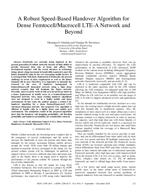 (PDF) A Robust Speed-Based Handover Algorithm for Dense Femtocell ...