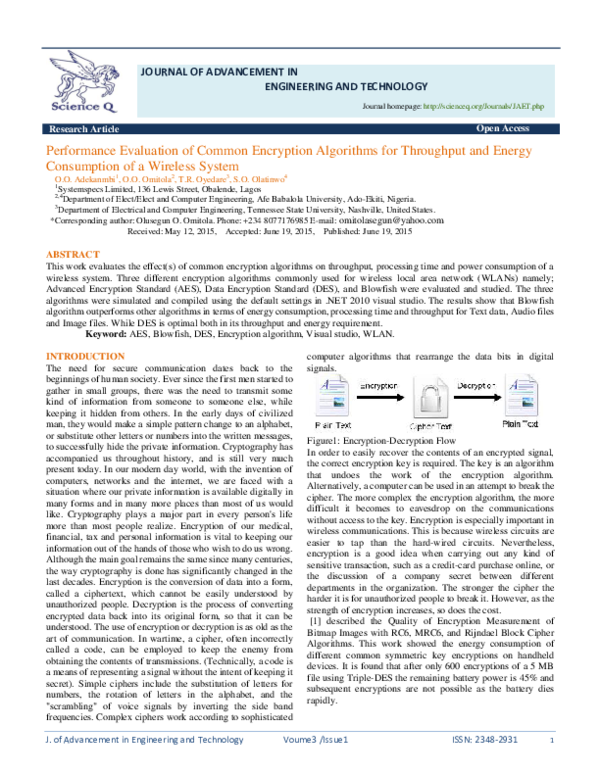 Pdf Performance Evaluation Of Common Encryption Algorithms For Throughput And Energy