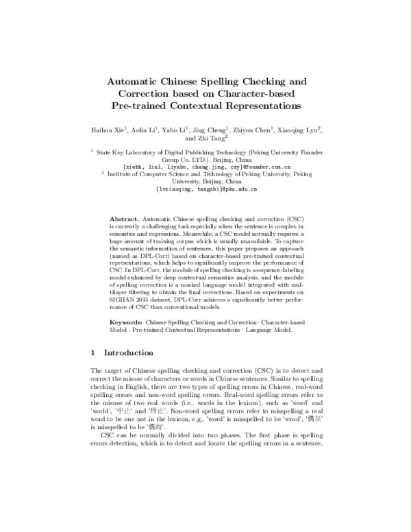 Pdf Automatic Chinese Spelling Checking And Correction Based On