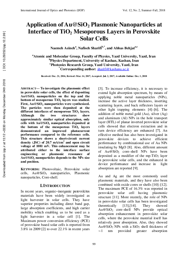 (PDF) Application of Au@SiO2 Plasmonic Nanoparticles at Interface of TiO2 Mesoporous Layers in ...