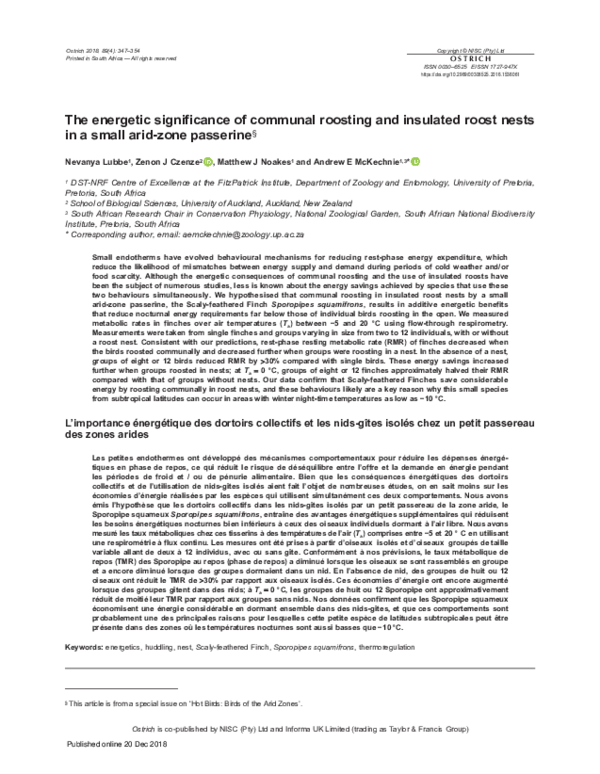 (PDF) The energetic significance of communal roosting and insulated ...