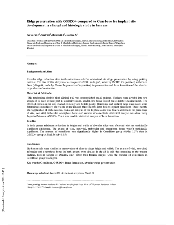 (PDF) Ridge preservation with OSSEO+ compared to Cenobone for implant ...