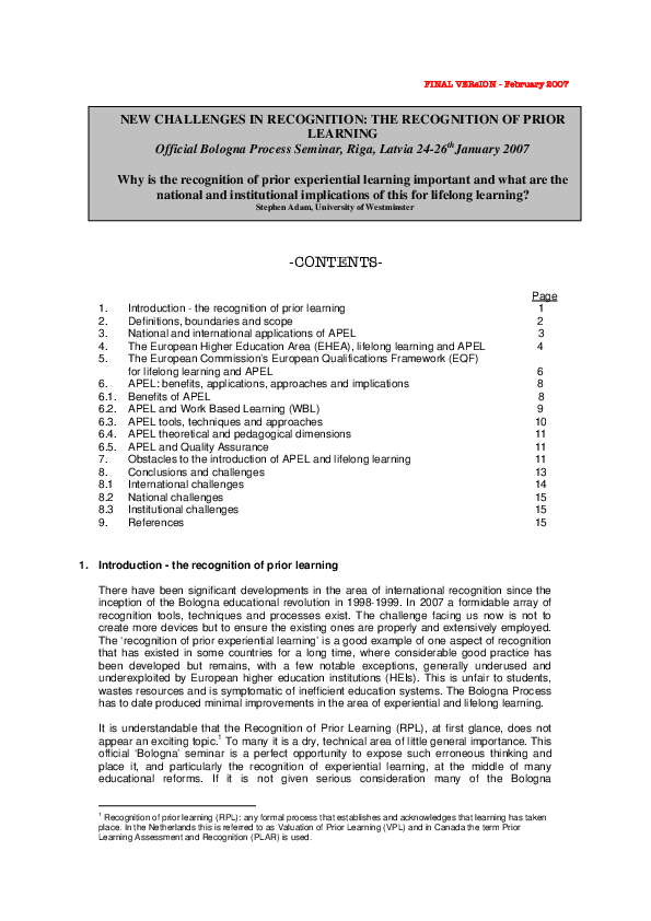 (PDF) New Challenges in Recognition: the Recognition of Prior Learning