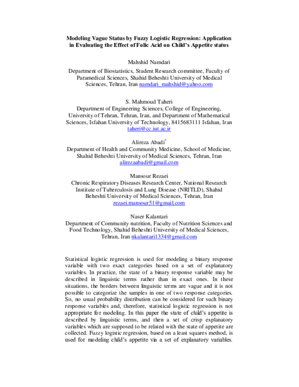 (PDF) Modeling Vague Status by Fuzzy Logistic Regression : Application in Evaluating the Effect ...