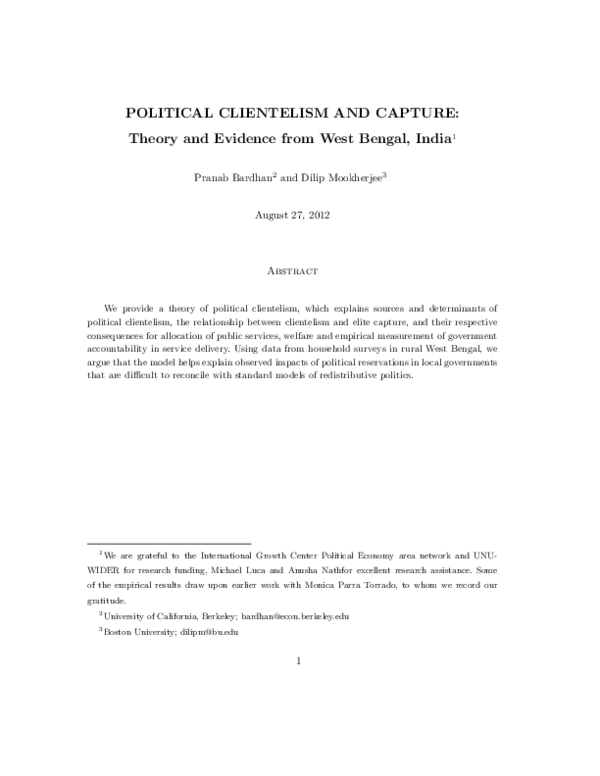 (PDF) Political Clientelism and Capture Theory and Evidence from West ...
