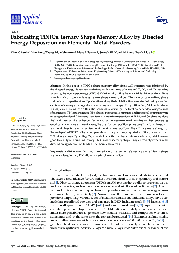 (PDF) Fabricating TiNiCu Ternary Shape Memory Alloy by Directed Energy Deposition via Elemental ...