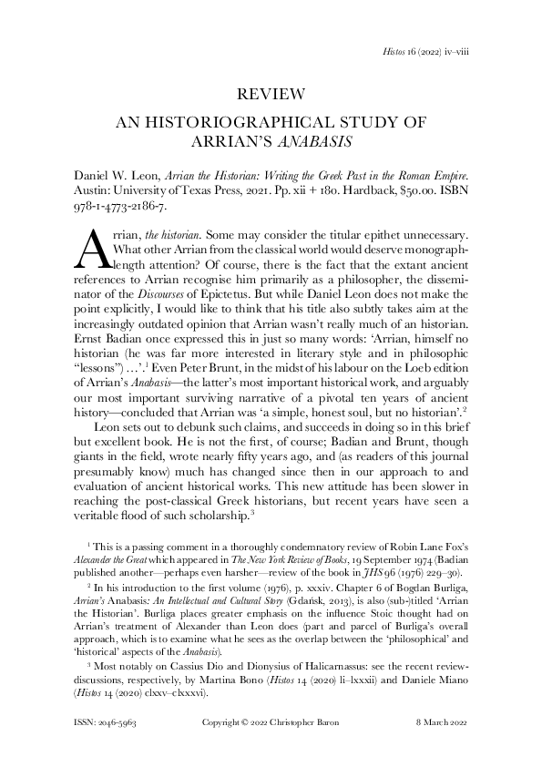 (PDF) Review of Daniel W. Leon, Arrian the Historian