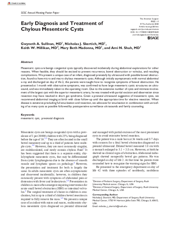 (PDF) Early Diagnosis and Treatment of Chylous Mesenteric Cysts