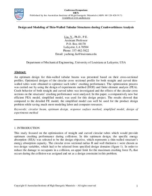 (PDF) Design and Modeling of Thin-Walled Tubular Structures During Crashworthiness Analysis