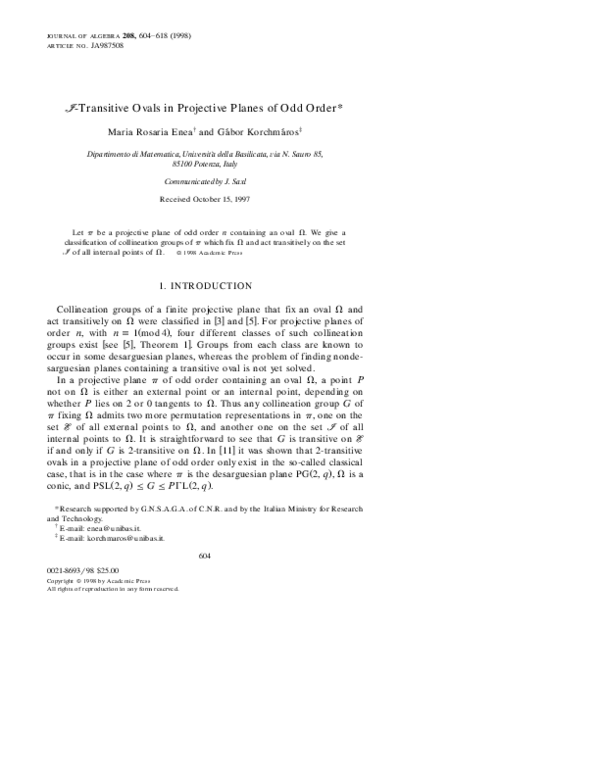 (PDF) Transitive Ovals in Projective Planes of Odd Order