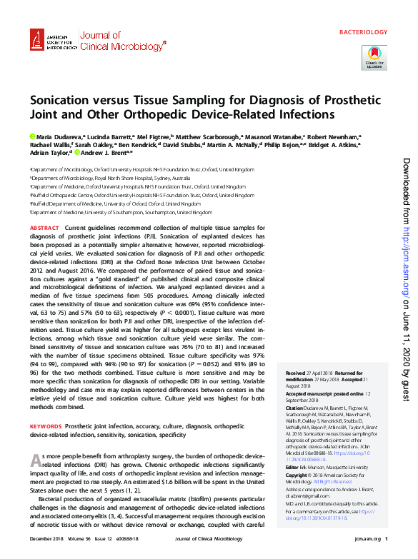 (PDF) Sonication versus tissue sampling for diagnosis of prosthetic ...