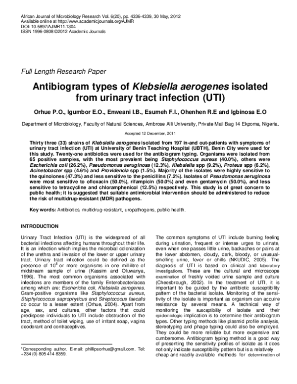 (PDF) Antibiogram types of Klebsiella aerogenes isolated from urinary ...