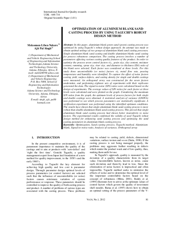 Pdf Optimization Of Aluminium Blank Sand Casting Process By Using Taguchis Robust Design Method