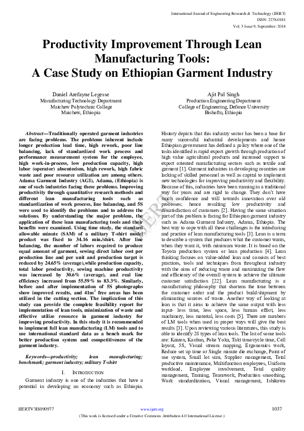 (PDF) Productivity Improvement Through Lean Manufacturing Tools: A Case Study on Ethiopian ...