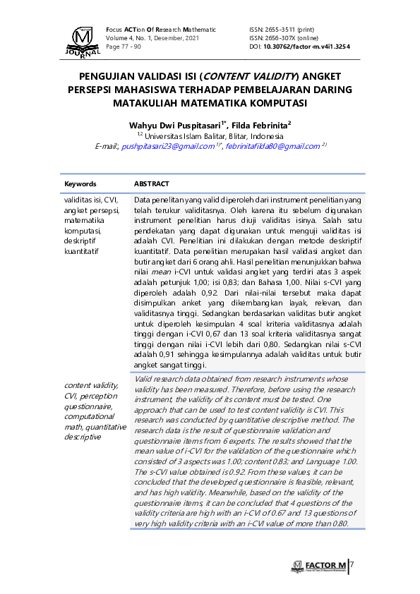 (PDF) Pengujian Validasi Isi (Content Validity) Angket Persepsi Mahasiswa Terhadap Pembelajaran ...