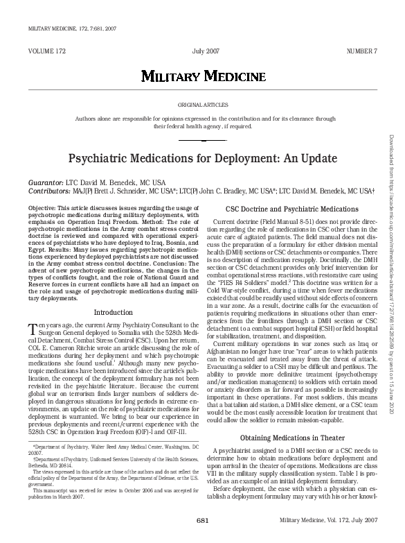 (PDF) Psychiatric medications for deployment: an update