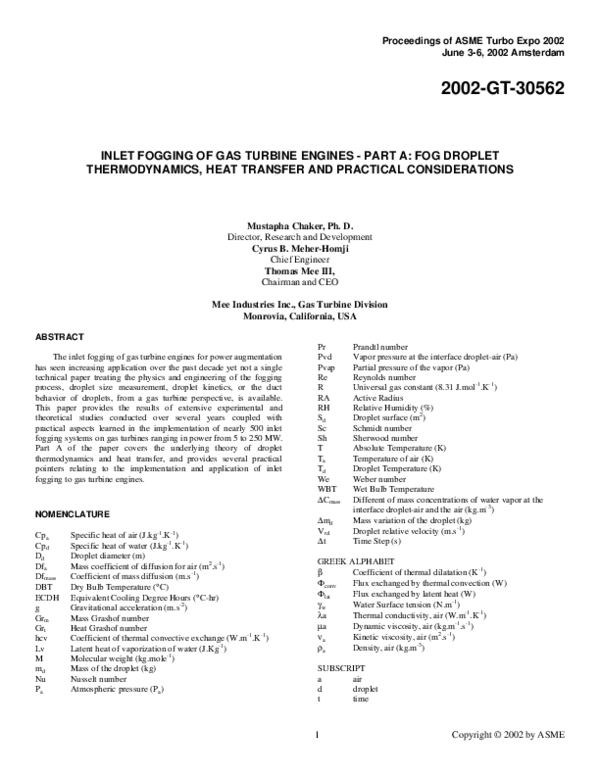 (PDF) Inlet Fogging of Gas Turbine Engines: Part A — Fog Droplet ...