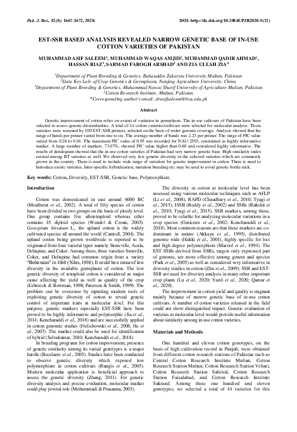 (PDF) EST-SSR based analysis revealed narrow genetic base of in-use ...