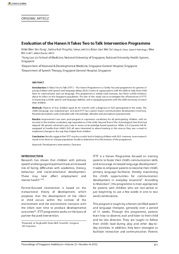 (PDF) Evaluation of the Hanen it Takes Two to Talk Intervention Programme
