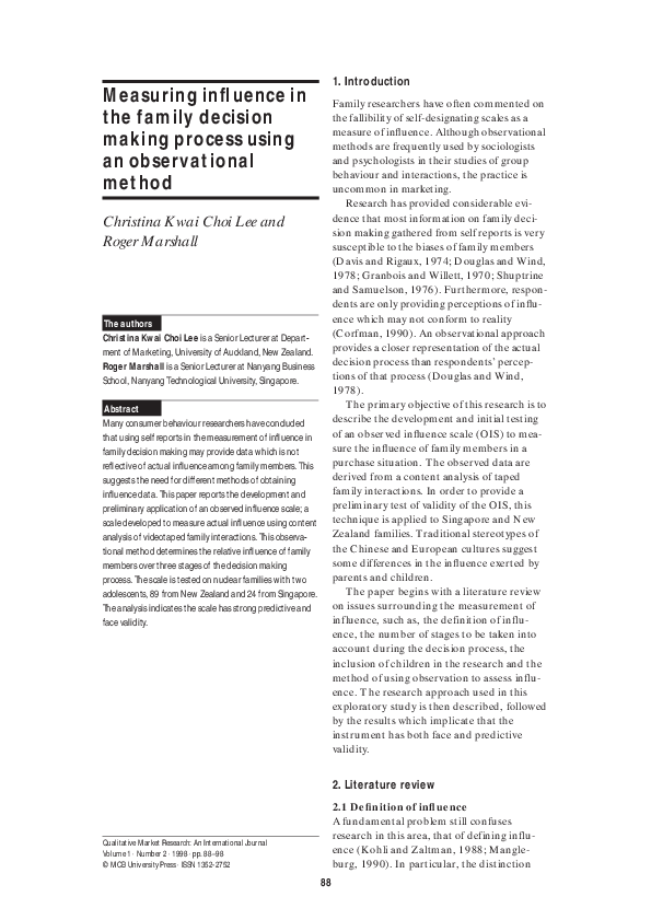 (PDF) Measuring influence in the family decision making process using ...